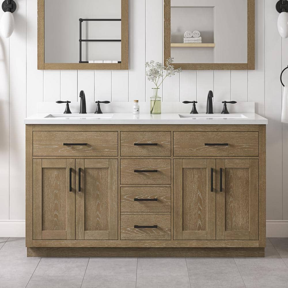 OVE Decors Bailey 60 in. Double Sink Driftwood Oak Bath Vanity with ...