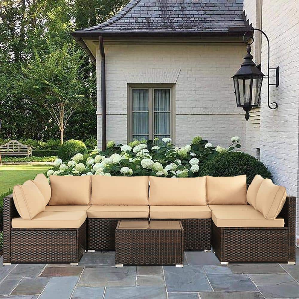 Zeus & Ruta 7-Piece Modern Rattan Wicker Garden Outdoor Sectional Set ...