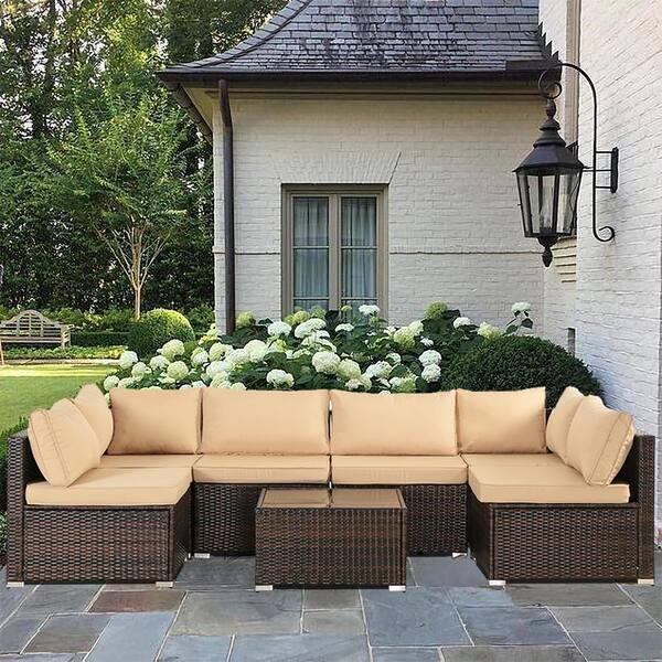 Zeus & Ruta 7-Piece Modern Rattan Wicker Garden Outdoor Sectional Set ...