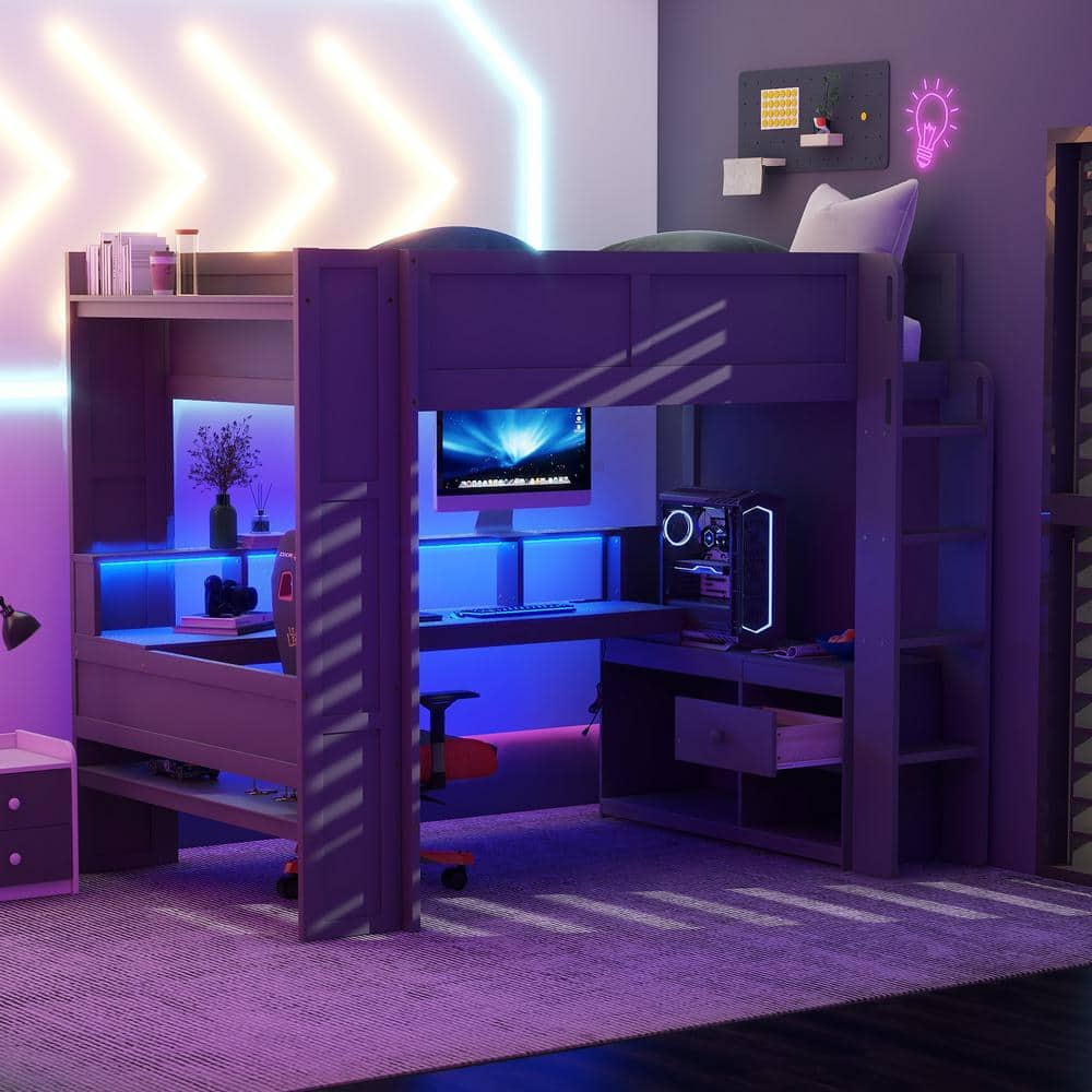 Qualler Dark Gray Full Gaming Loft Bed with Desk, LED Strip and ...