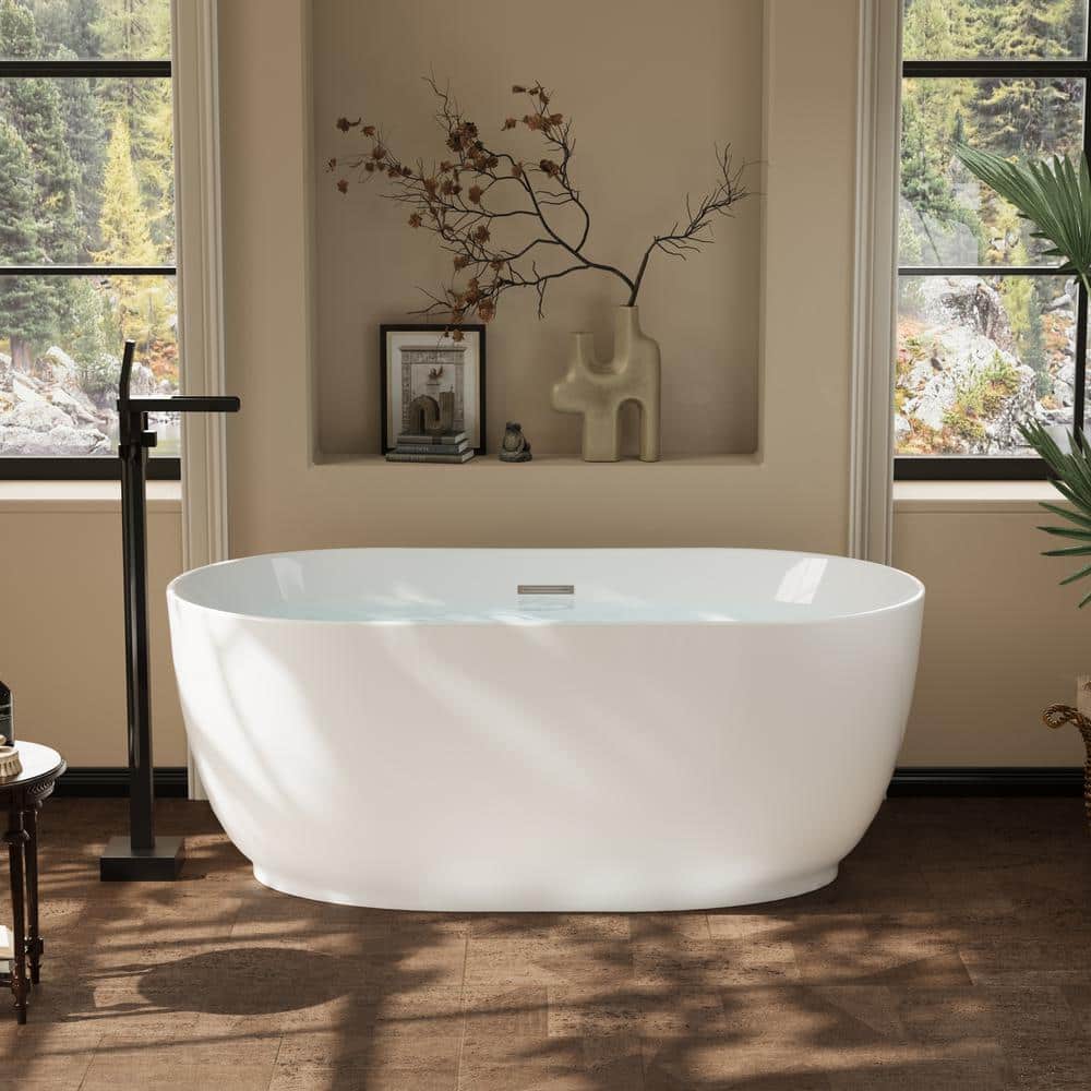 FORCLOVER 59 in. W. x 31.5 in. Freestanding Soaking Bathtub with Center ...
