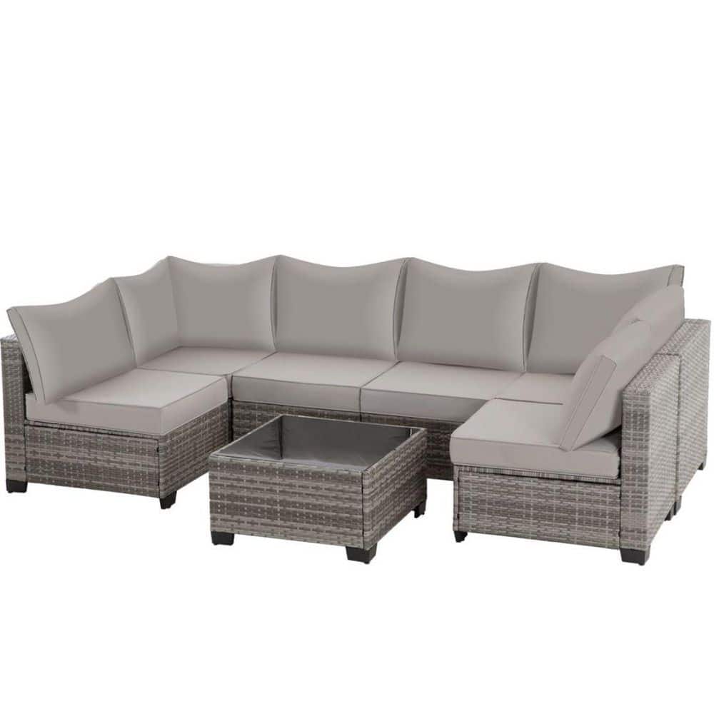 MIRAFIT Gray 7-Piece Wicker Patio Outdoor Sectional Furniture Set with ...