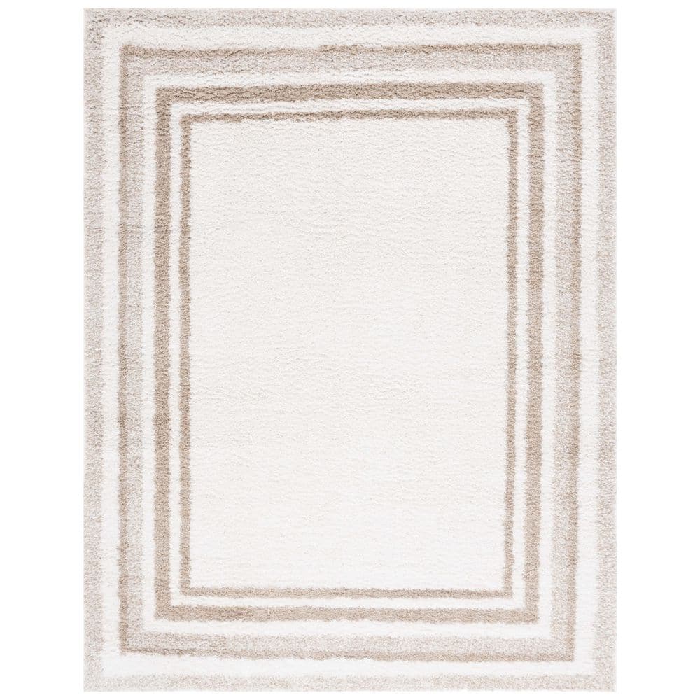 SAFAVIEH Border and Stripe Shag 8 ft. x 10 ft. Ivory/Beige Concentric ...