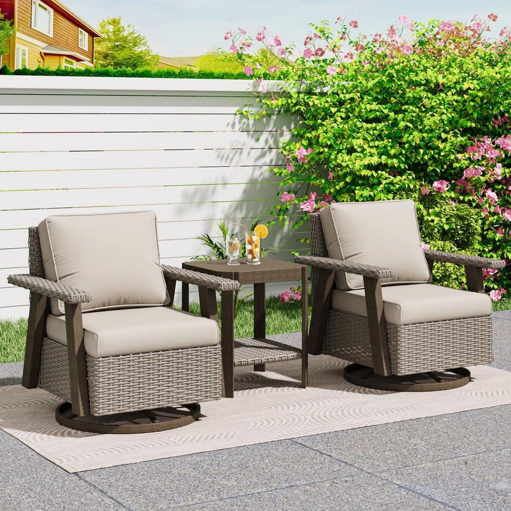 JOYSIDE 3-Piece Wicker Patio Swivel Outdoor Rocking Chair Set with ...