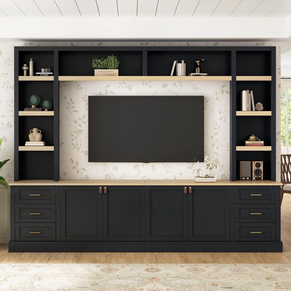 JUJABU 4-Piece Black Entertainment Center with Bookshelf and Adjustable ...