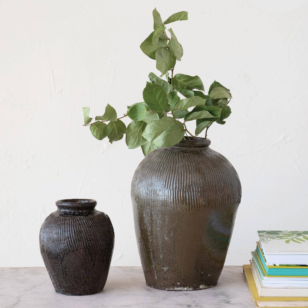 Storied Home Found Decorative Textured Clay Jar, Brown Reactive Glaze ...