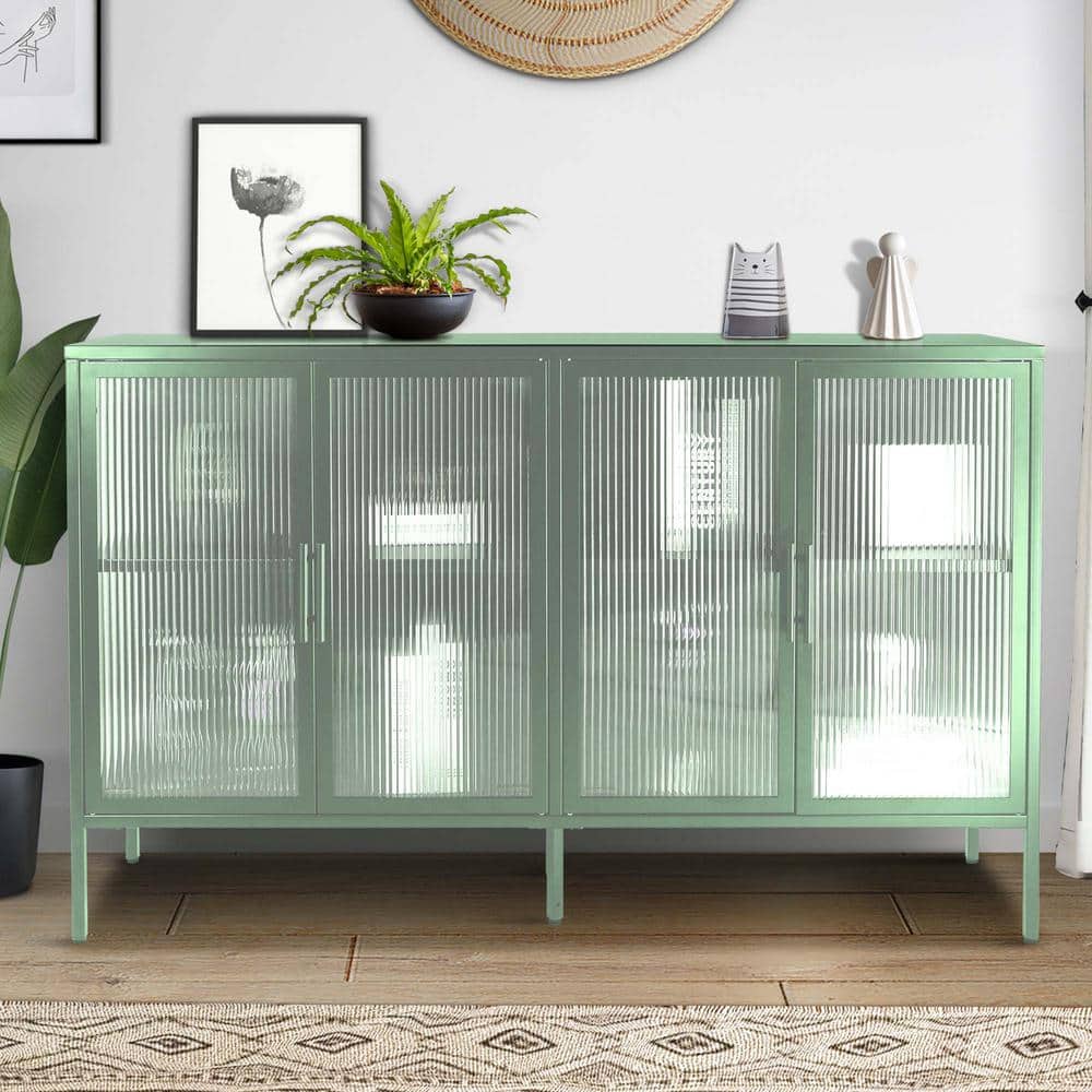 FUNKOL 59.17 in. W Light Green Anti-Tip Tempered Glass Cabinet with 4 ...