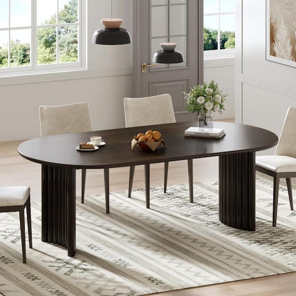 Dovelina Haiden Walnut Color Wood Double Pedestal Base 67 in. x 33.5 in. Oval Dining Table ...
