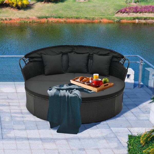 ANGELES HOME Metal PE Rattan Outdoor Sectional Clamshell Patio Round Daybed with Retractable Canopy and Pillows Black Cushions 71HW8CK564DK
