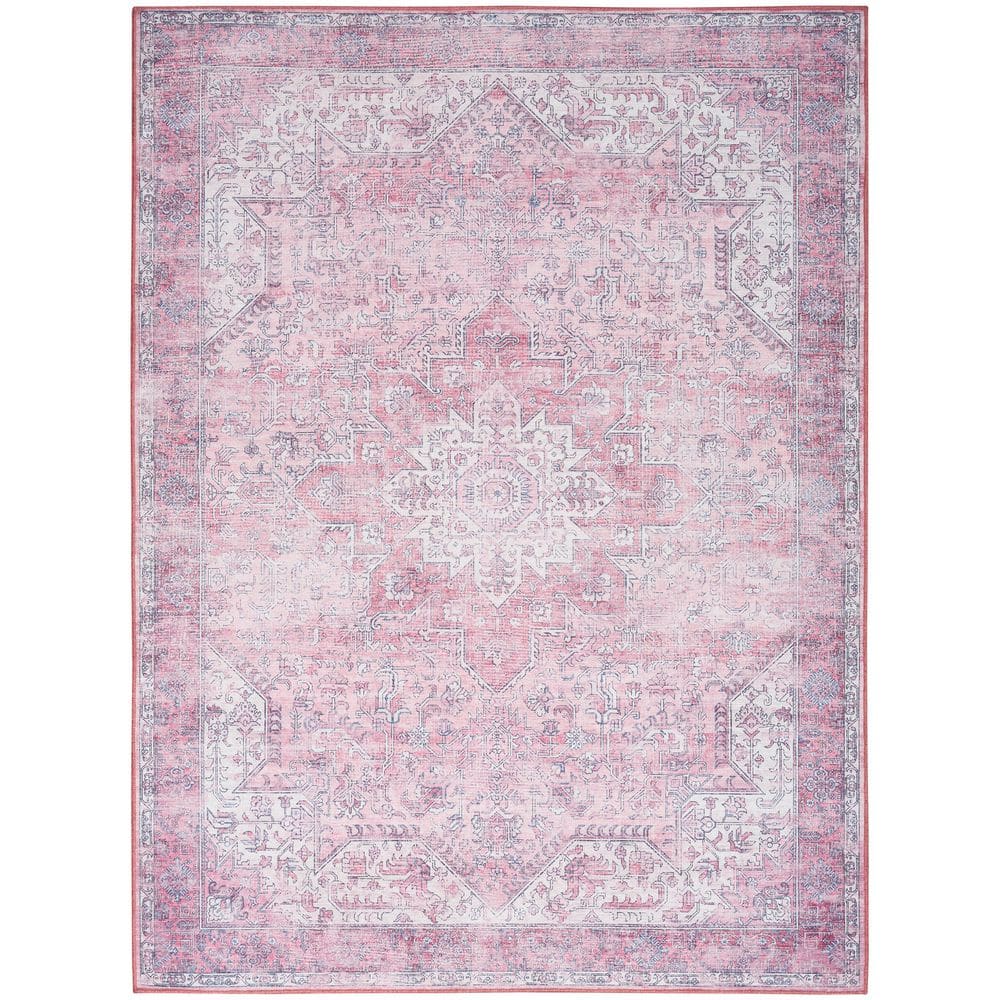 Nourison Washables Pink 5 ft. x 7 ft. Center medallion Traditional Area ...