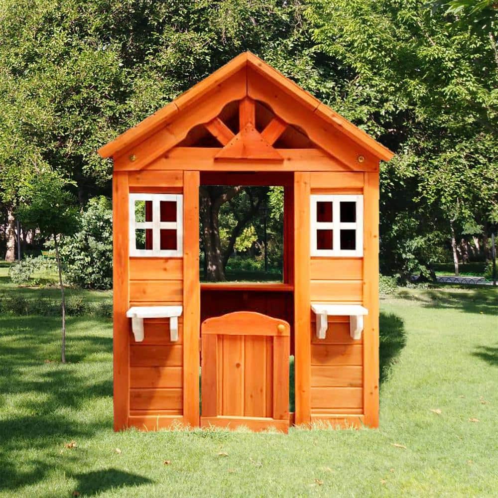 GOGEXX 42 in. L x 46 in. W x 55 in. H Wooden Playhouse Children Game ...