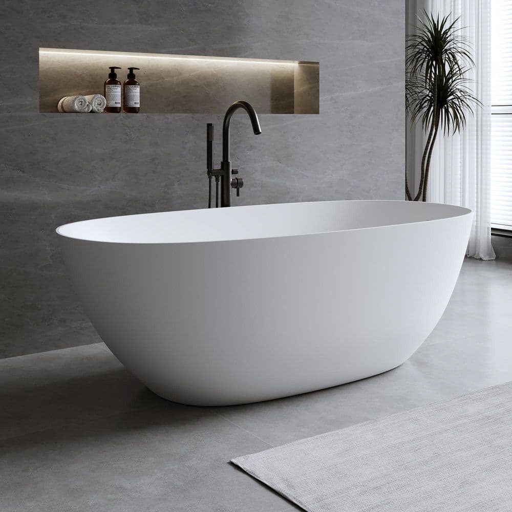 WELLFOR 65 in. x 31.5 in. Resin Stone Soaking Bathtub in Matte White ...