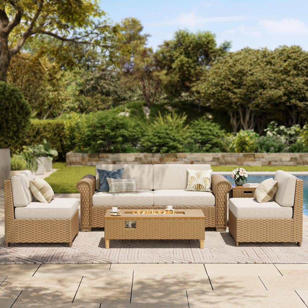 PHI VILLA 6-Piece Wicker Rectangle Patio Fire Pit Conversation Set with ...