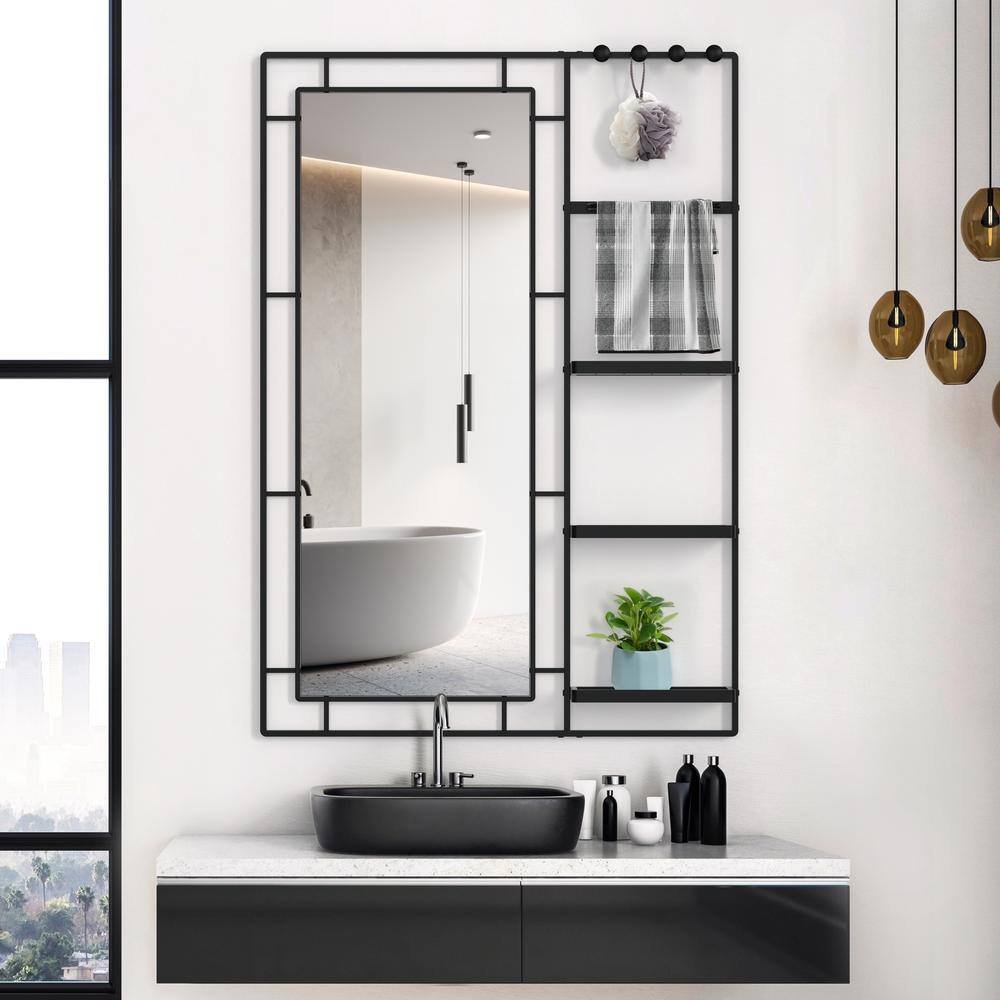 Black 30 x 44 in. Modern Vanity Mirror with Multi-functional Shelf ...