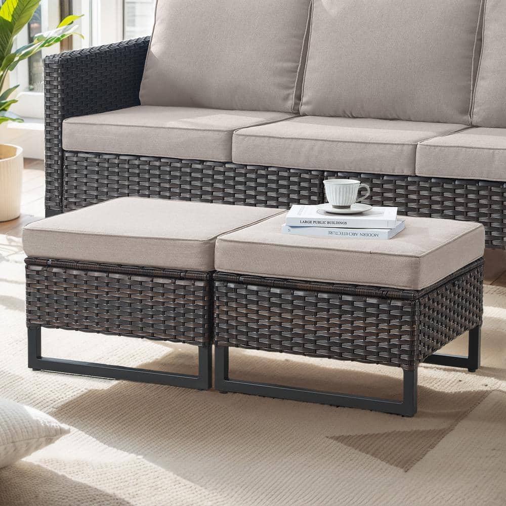 Opohoro Brown Wicker Outdoor Ottoman with Metal Legs, Rattan Ottoman ...