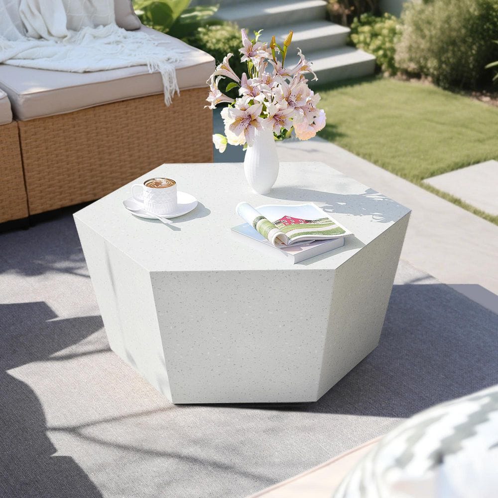 UPHA 35 in. Outdoor Off-White Hexagonal Magnesium Oxide Coffee Table ...