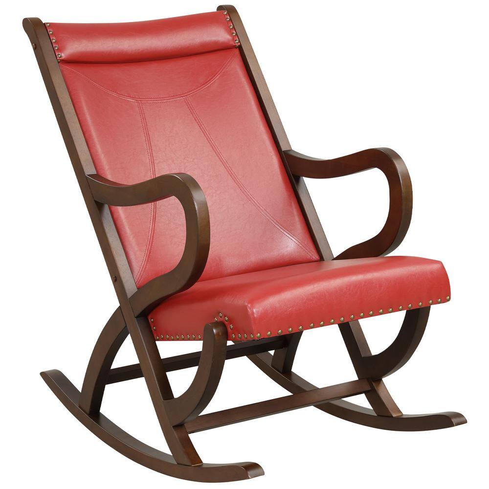 HONEY JOY Red Wood Rocking Chair with Cushion Ergonomic Backrest and ...
