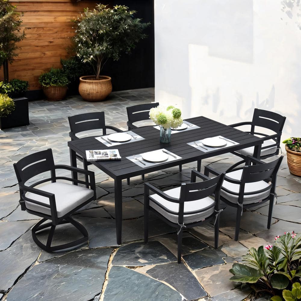 JimsMaison 7-Piece Ember Black Aluminum Outdoor Dining Set with Gray ...