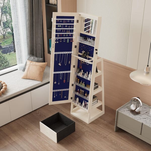 White Jewelry Armoire Organizer with Full Length Mirror, 360° Rotating ...