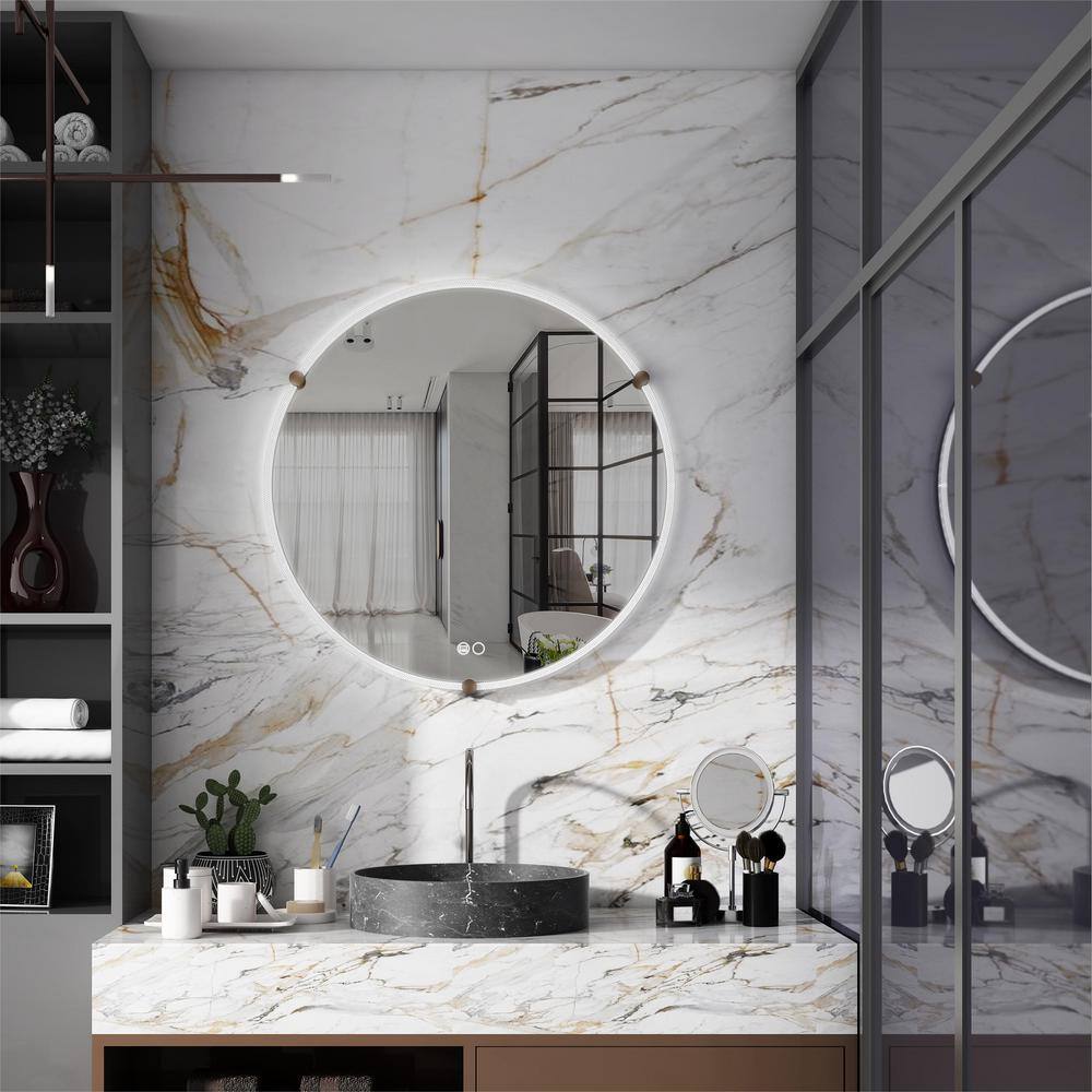 ANGELES HOME 32 in. x 32 in. Round Acrylic Frame Anti-Fog LED Light Wall Bathroom Vanity Mirror ...