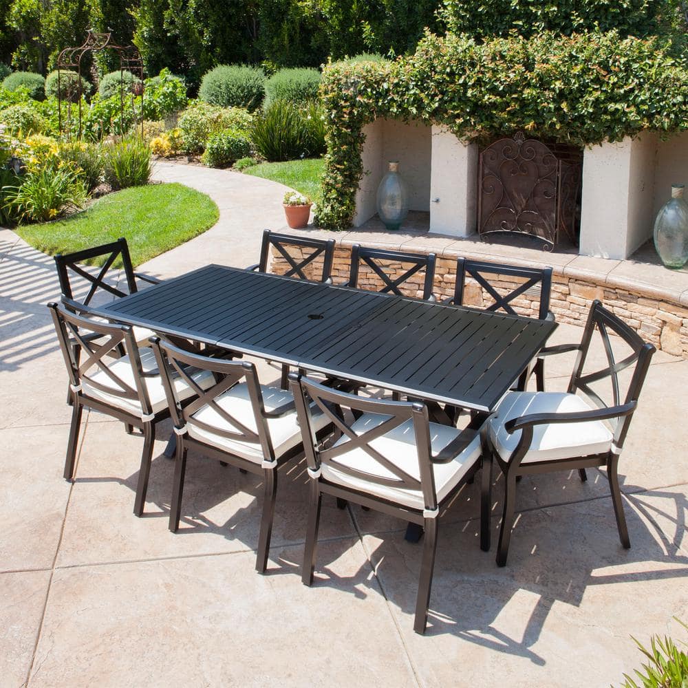 Noble House Raymond Black 9 Piece Cast Aluminum Rectangular Outdoor