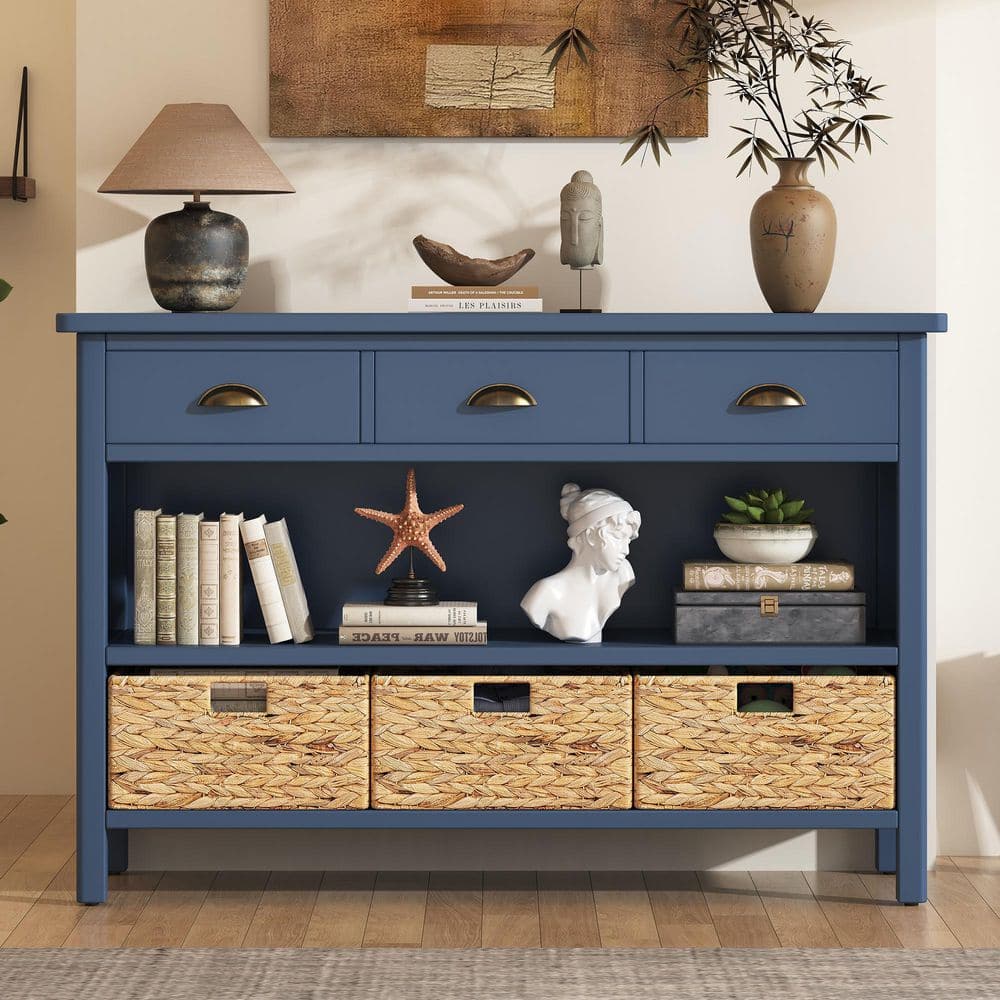 JUJABU 47 in. Blue Rectangle MDF Entryway Console Table with 3-Storage ...