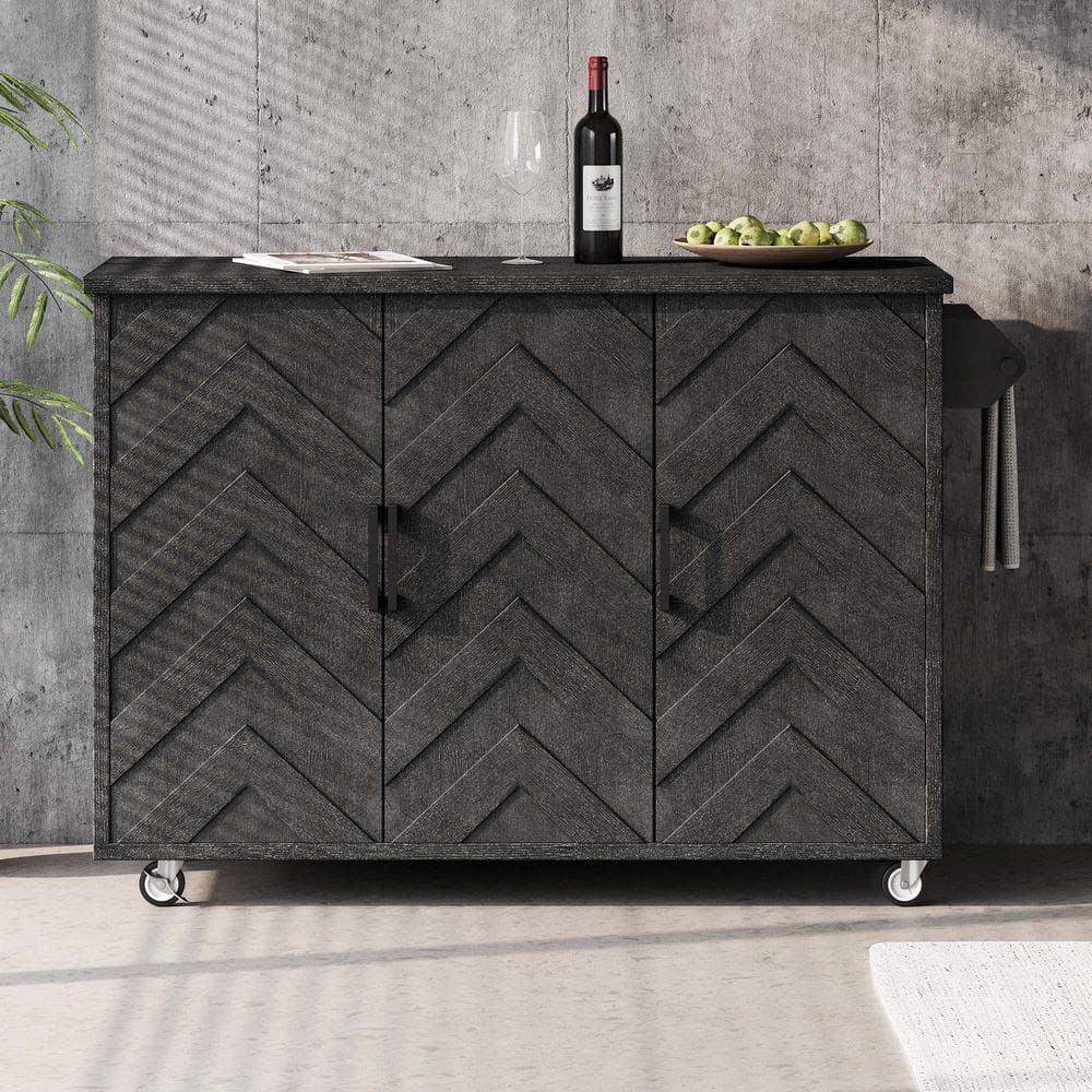 Lycvki Black Wood 51.2 in. Kitchen Island on Wheels with Drop Leaf ...