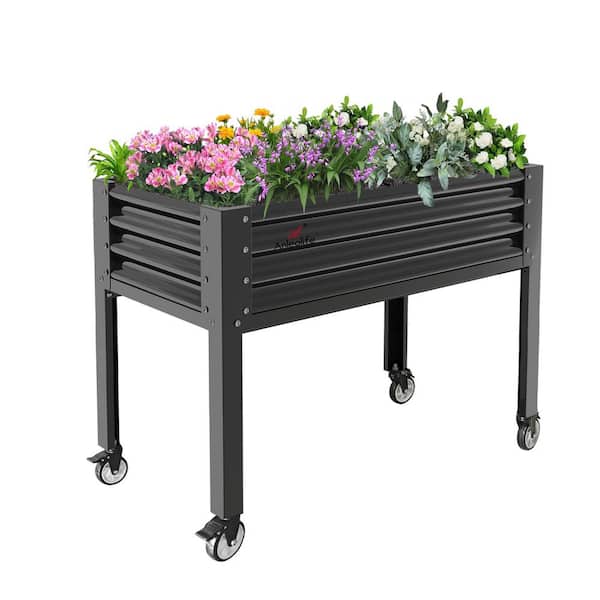 Zeus & Ruta 48 in. Rectangle Gray Metal Planter Box Raised Garden Bed on Wheels with Drainage ...