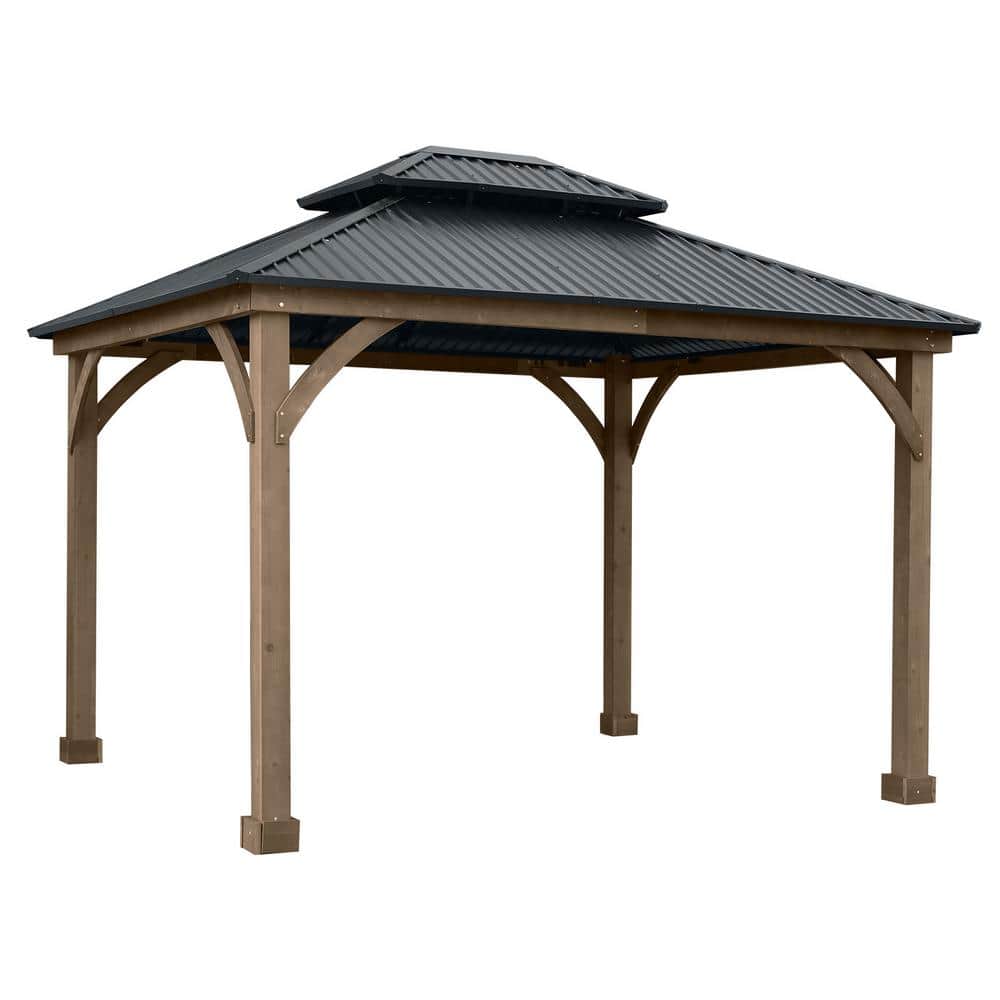 Aoodor 12 ft. x 10 ft. Outdoor Patio Gray Wooden Frame Gazebo with 2 ...