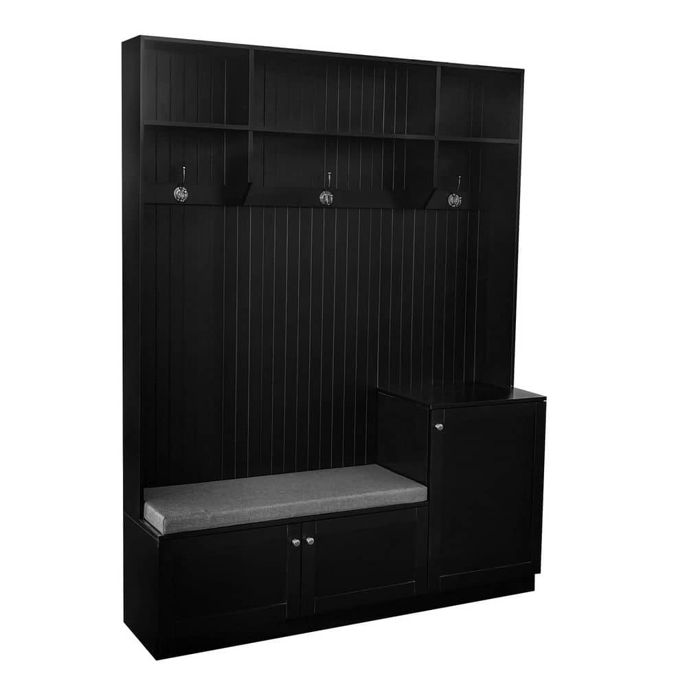 Nestfair Black Hall Tree Storage with Bench Cushion, Shoe Cabinet and ...