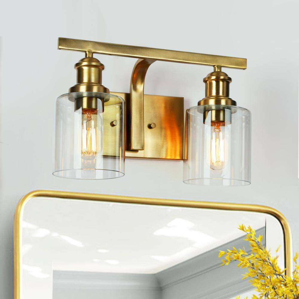 Zevni Modern Linear Bathroom Wall Sconce, 14 in. 2-Light Brass Vanity ...