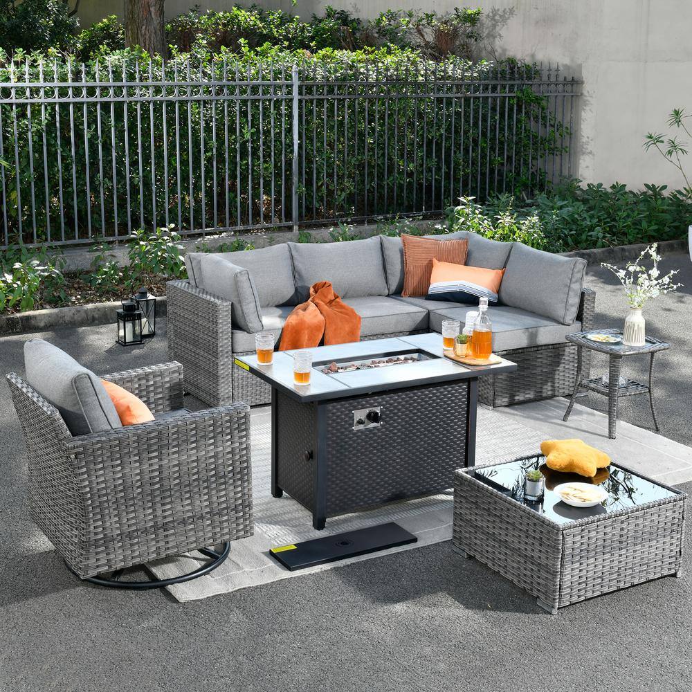 HOOOWOOO Messi Gray 8-Piece Wicker Outdoor Patio Conversation Sofa Fire ...