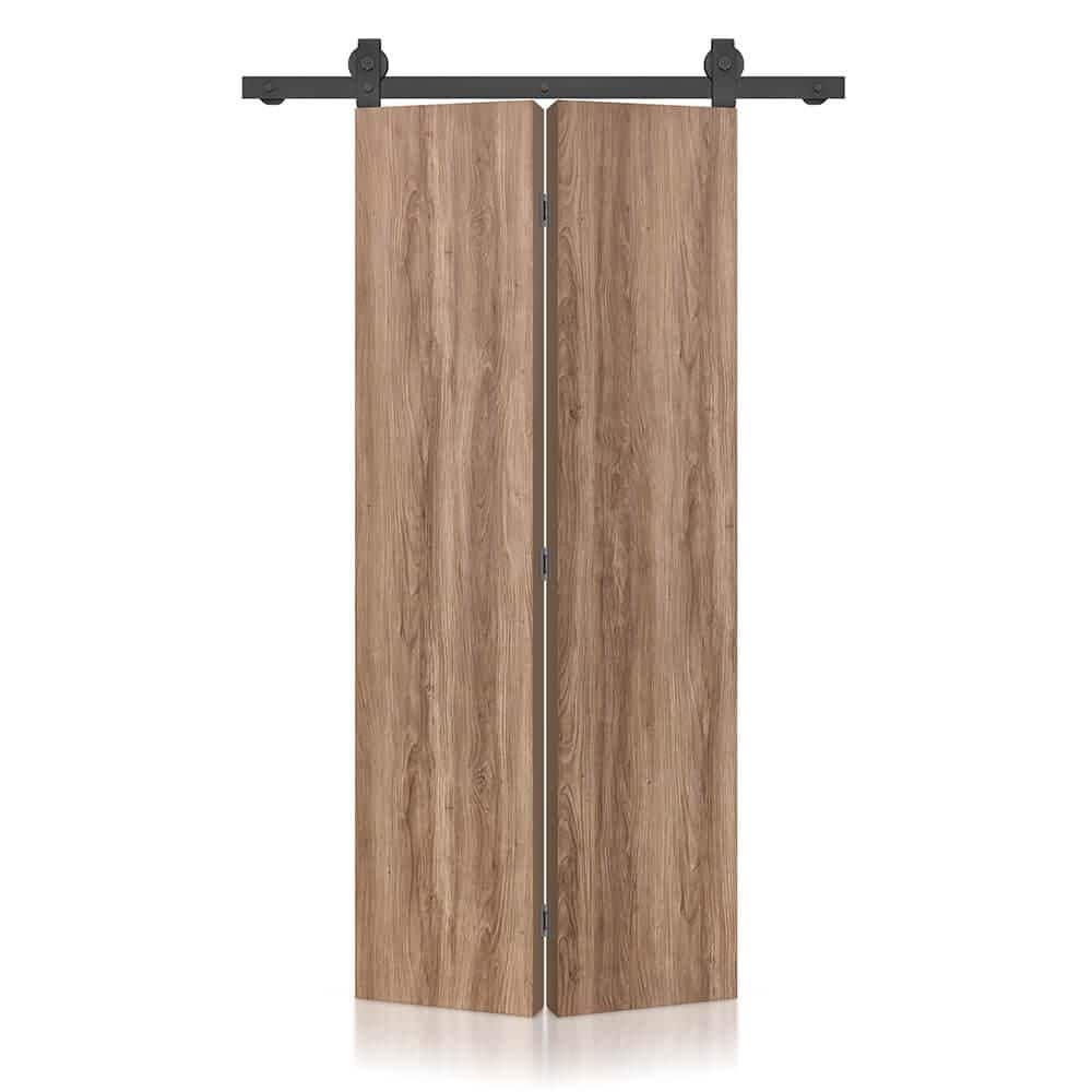 CALHOME 26 in. x 84 in. Hollow Core Walnut Composite Textured Bi-fold Door with Sliding Barn ...