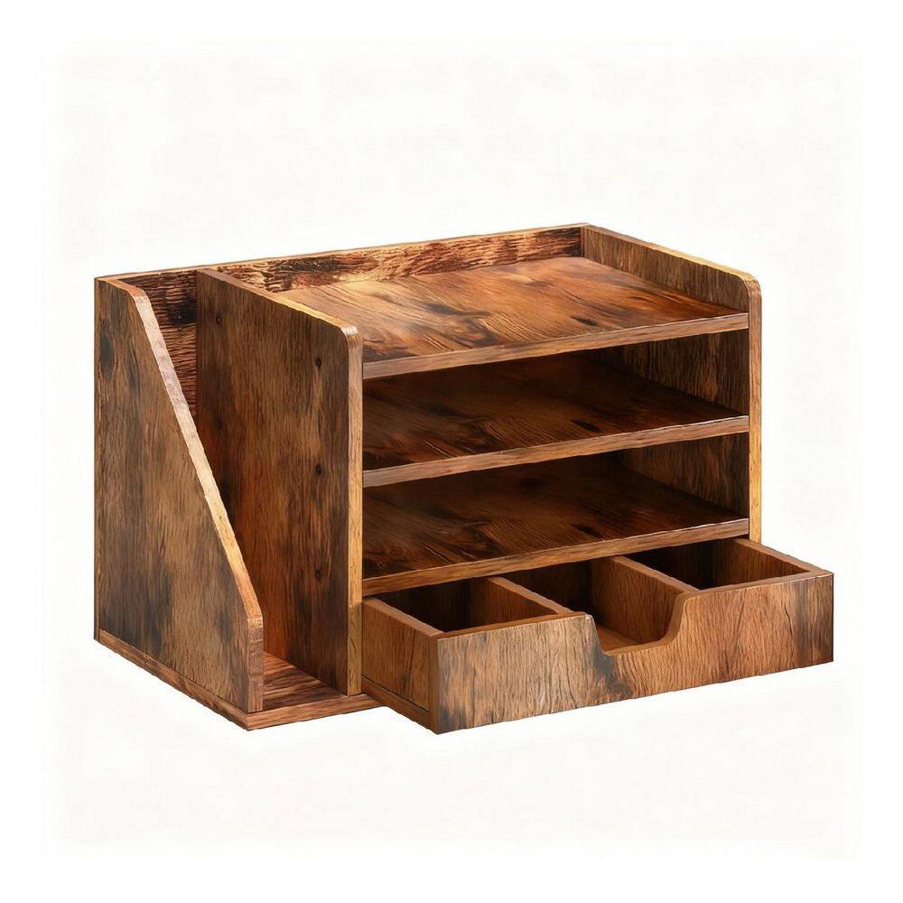 Brown 17 in. x 10 in. Wood Shatterproof Wood Desk File Organizer ...