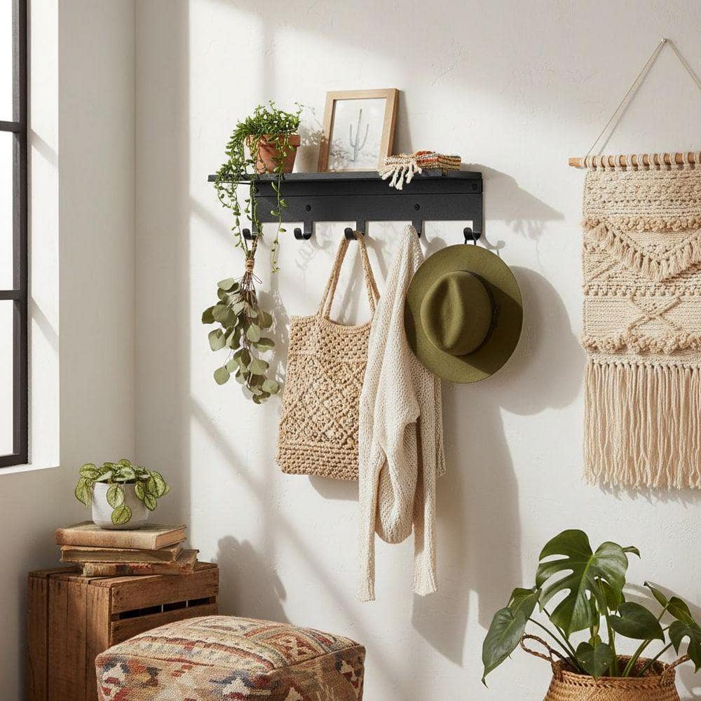 Black Metal Wall Mount Coat Rack with Shelf and 5-Hooks LINBQ479 - The ...