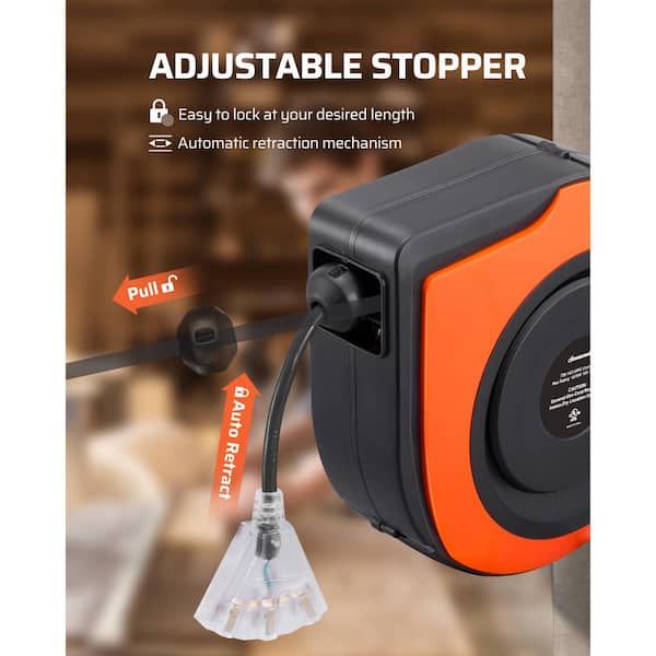 DEWENWILS 75 ft. 14/3 SJTOW 13 Amp Retractable Extension Cord Reel with Lighted Triple Tap ...