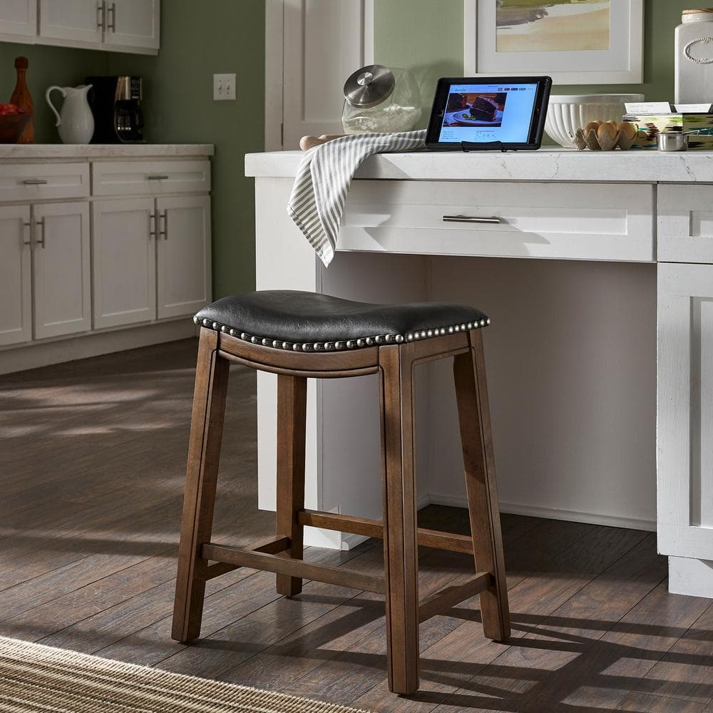 HomeSullivan 25.75 in. Black Faux Leather Saddle Seat Backless Wood ...