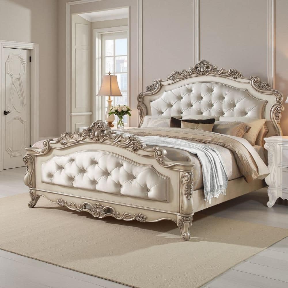 Benjara California Gold Wood Frame King Size Panel Bed with Scalloped ...