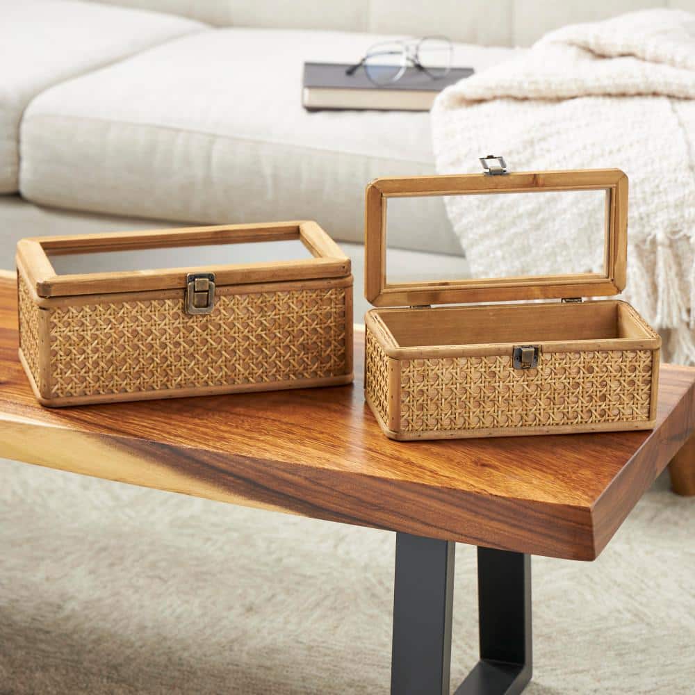 Litton Lane Square Rattan Handmade Woven Rattan Box with Glass Tops and ...
