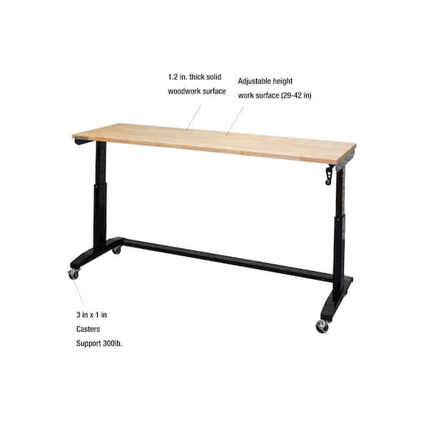 Husky 72 in. W x 24 in. D Adjustable Height Black Worktable with Solid Wood Top HOLT72XDB11