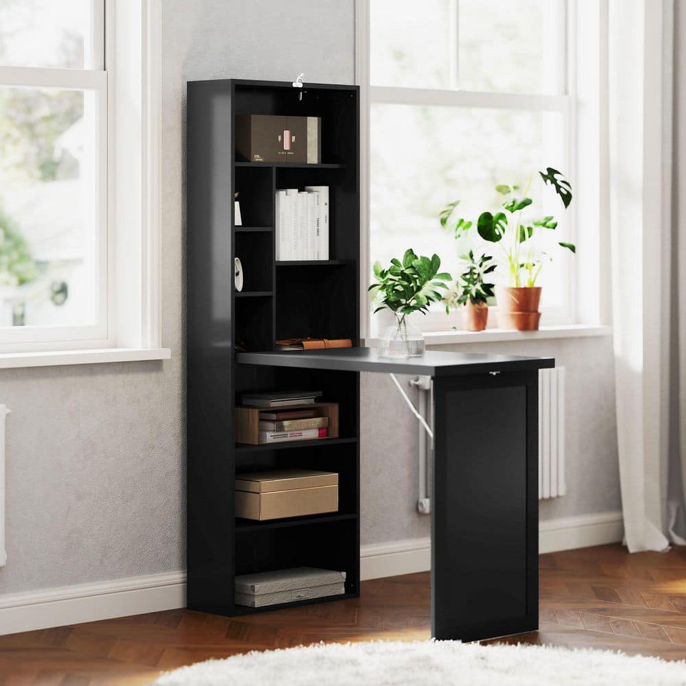 HOMCOM Fold-Out Convertible 20 in. Black Writing Table, Wall Mount Desk Cabinet with Side Shelf ...