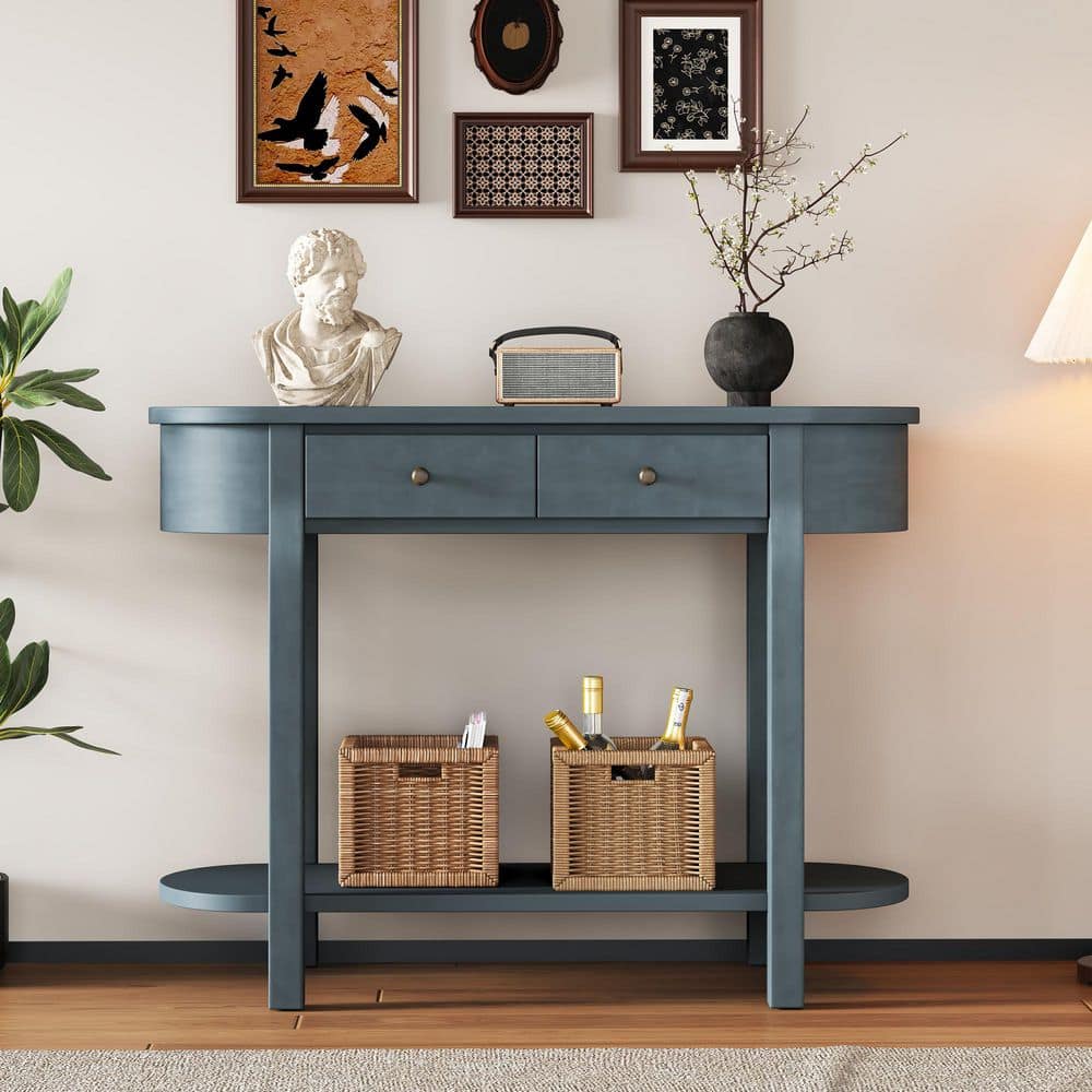 Qualler Elegant Retro 40 in. Navy Oval Wood Console Table with Drawers ...