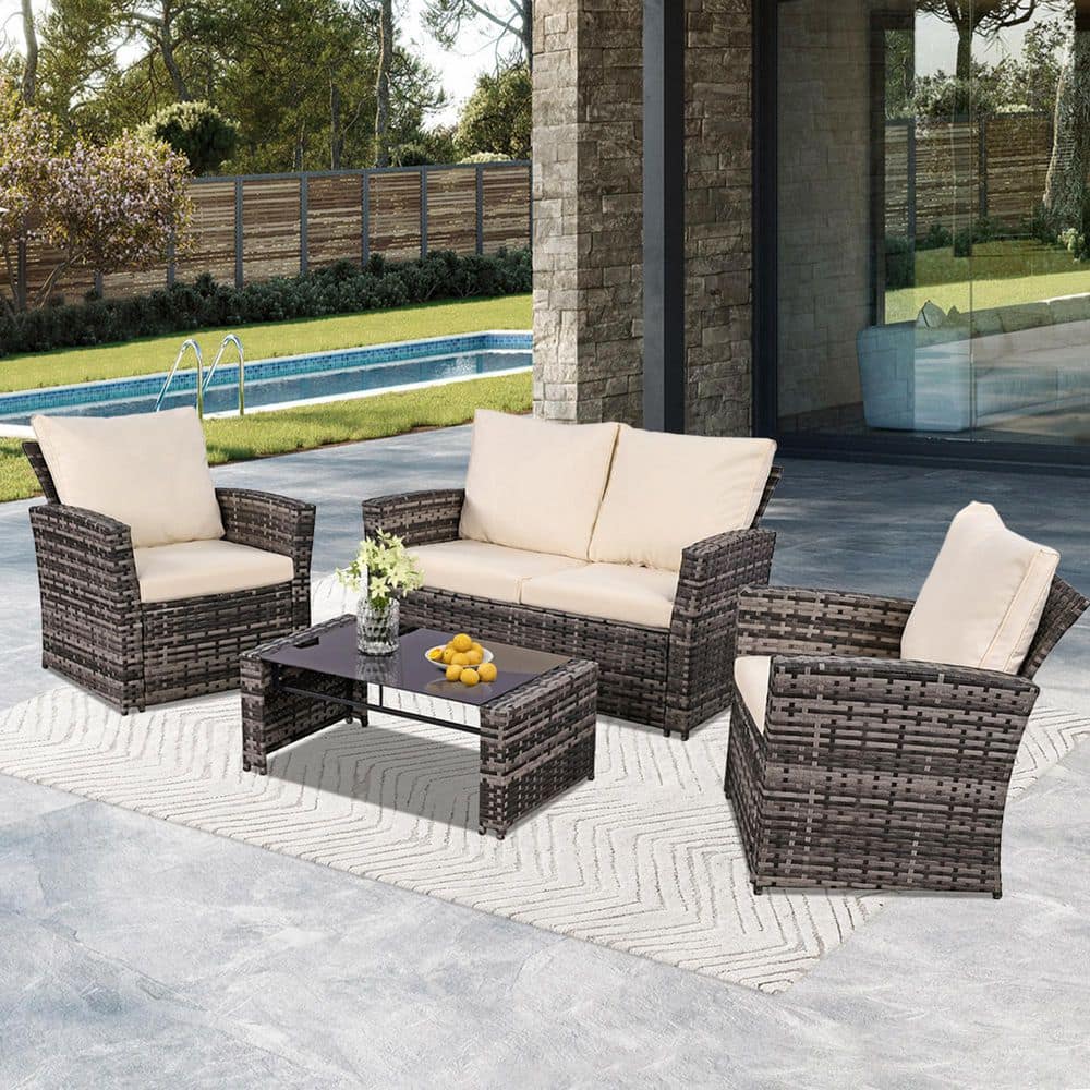4-Piece Flower Gray Wicker Patio Conversation Set with Beige Cushions ...