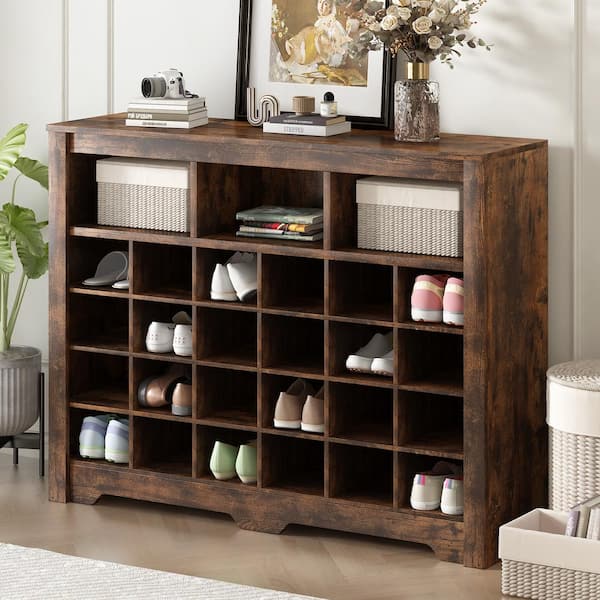 Cesicia 35 in. H x 45.2 in. W Brown Wood Shoe Storage Cabinet 20 Cubby Console for Hallway Bedroom QS1 1w 12 The Home Depot