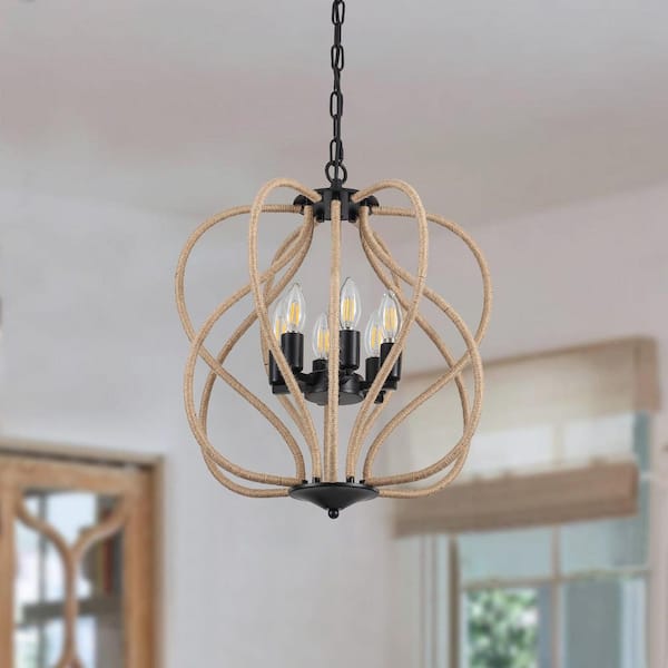 PAKOKULA Farmhouse 6-Light Black Geometric Cage Chandelier with Rattan ...