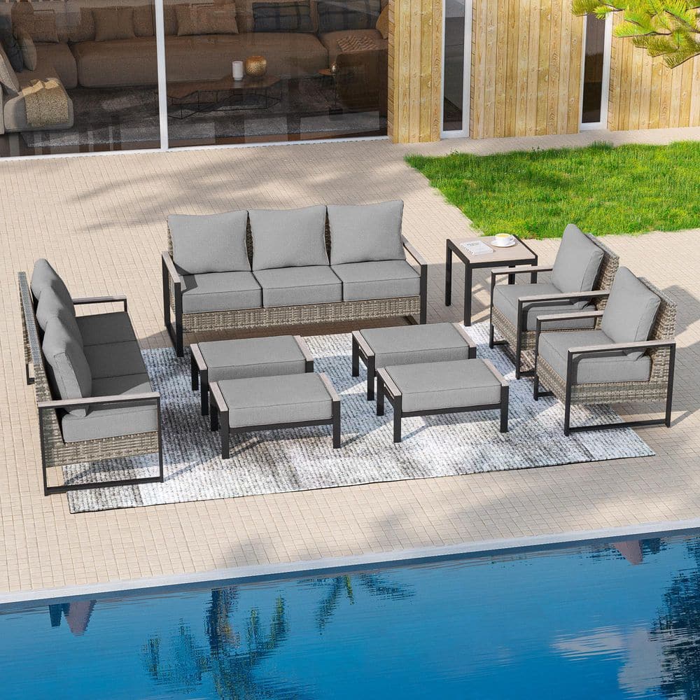 JOYESERY 9 Pieces Patio Conversation Set with Side Table and Ottomans ...