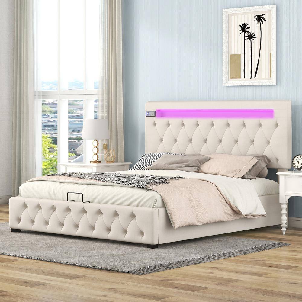Qualler Beige Frame Queen Size Platform Bed with Adjustable Headboard ...