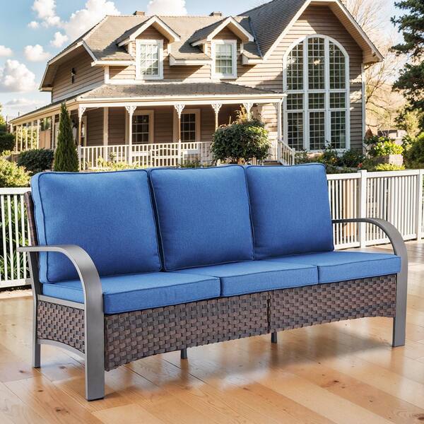 Pocassy Iron Bend Series 3-Seat Brown Wicker Outdoor Patio Sofa Couch ...