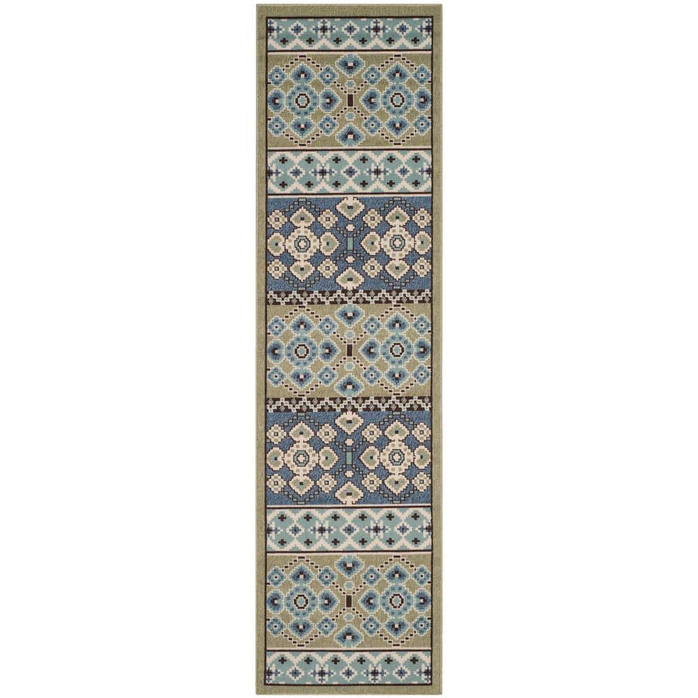 SAFAVIEH Veranda Green/Blue 2 ft. x 14 ft. Border Tribal Indoor/Outdoor ...