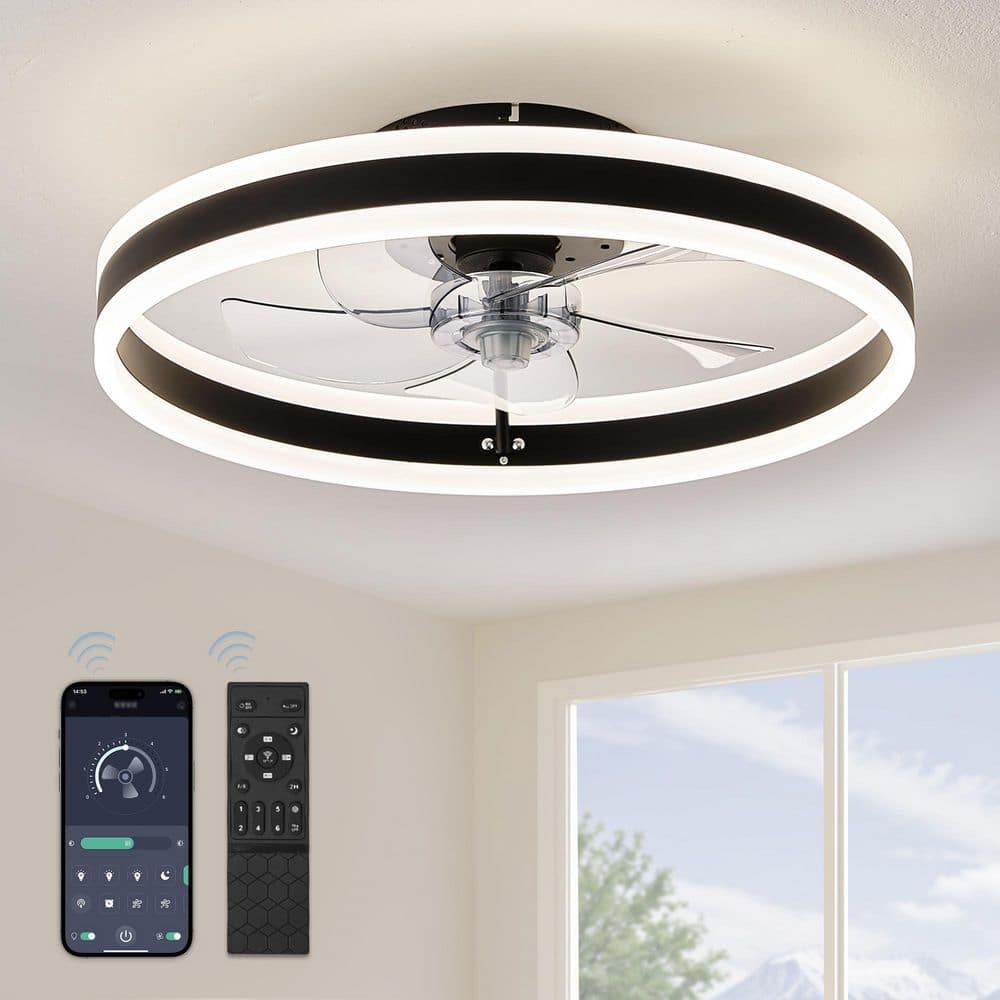 HINNIXY 20 in. Indoor LED Black Low Profile Ceiling Fan Flush Mount ...